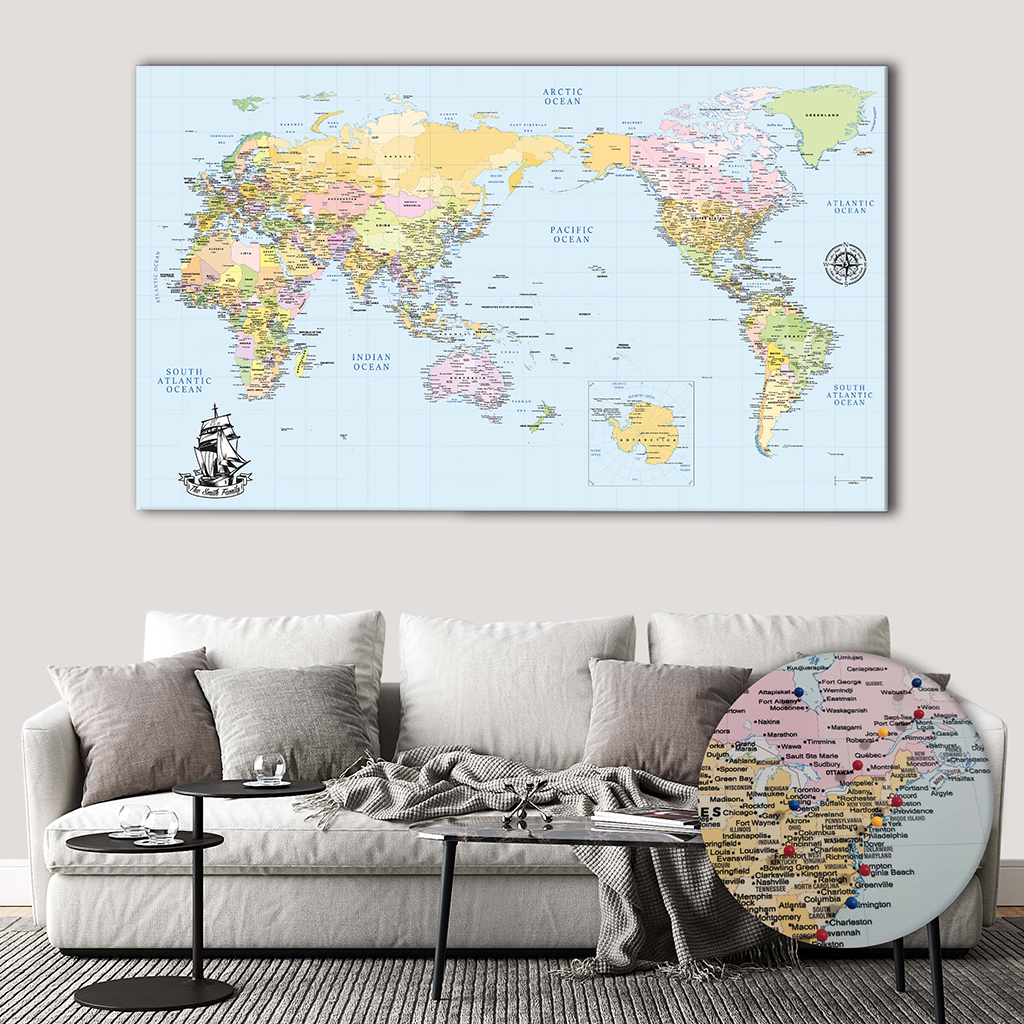 Pacific-Centered Push Pin World Map | Personalized Travel Map